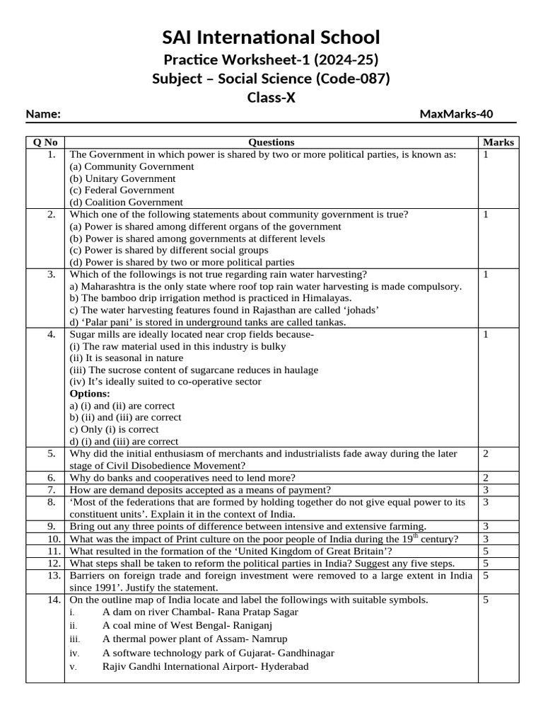 SSC Practice Worksheet-1 QP 2024-25 | PDF | Economies
