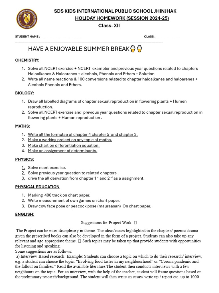 Class Xii Summer Break Holiday Homework | PDF | Essays