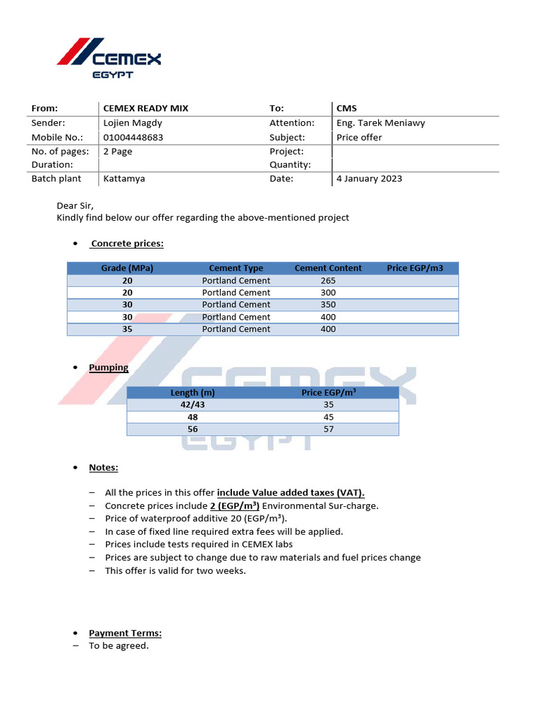 Div.03 - Concrete - CEMEX - Zahraa El Maadi Site Prices | PDF ...