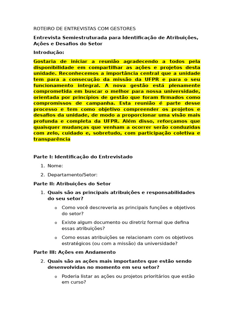 ROTEIRO DE ENTREVISTAS COM GESTORES | PDF