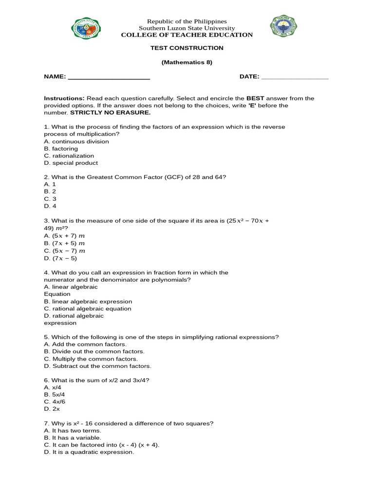 Test Construction Template | PDF | Factorization | Multiplication