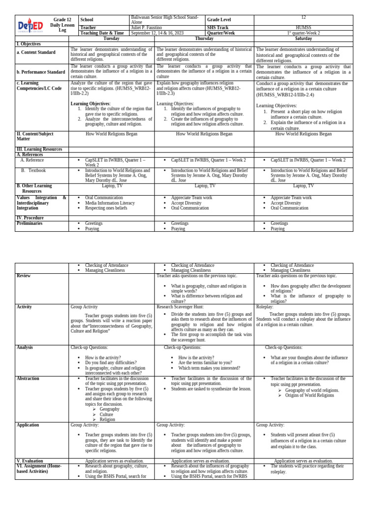 DLL Iwrbs Quarter 1 Week 2 | PDF | Learning | Geography