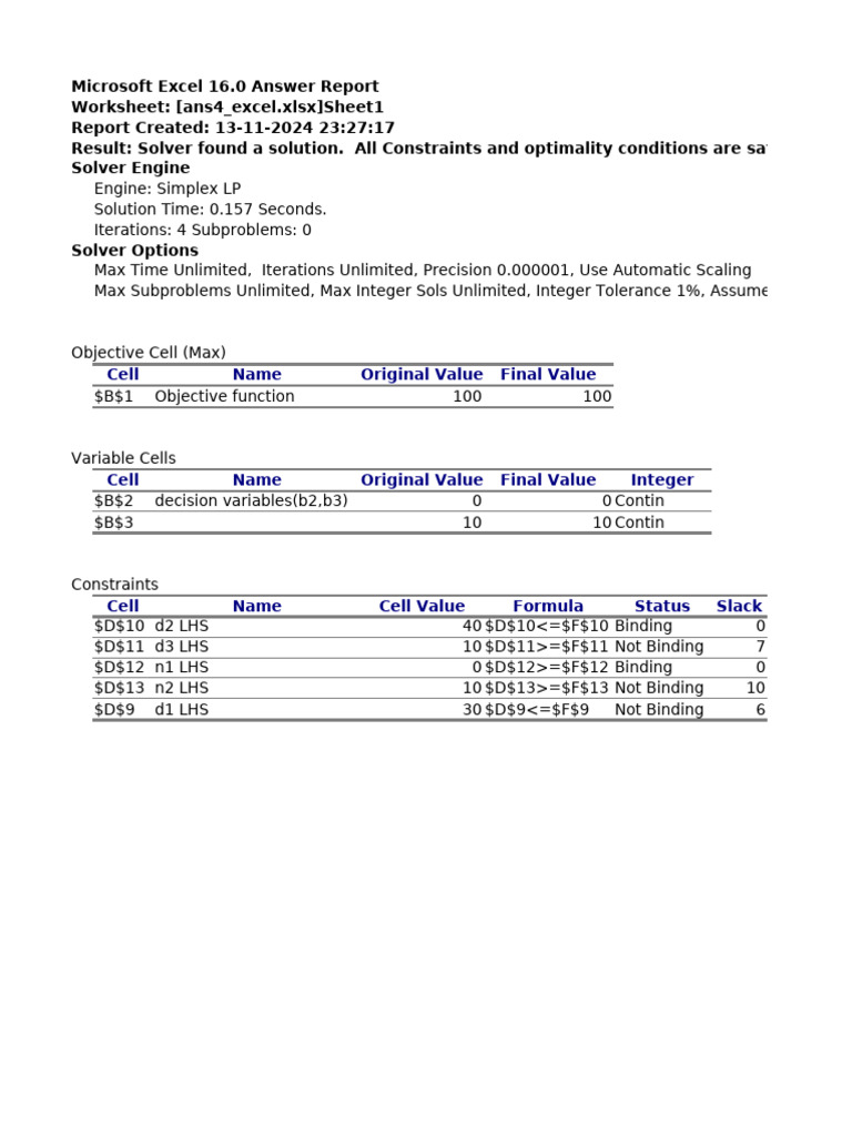 Excel Solver Simplex LP Report | PDF