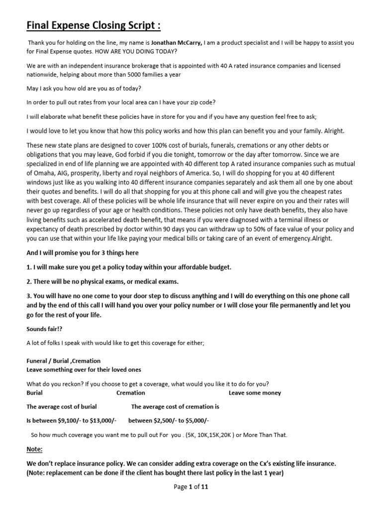 Final Expense Closing Script (2024) With Benefits by Muneeb | PDF | Life Insurance | Insurance