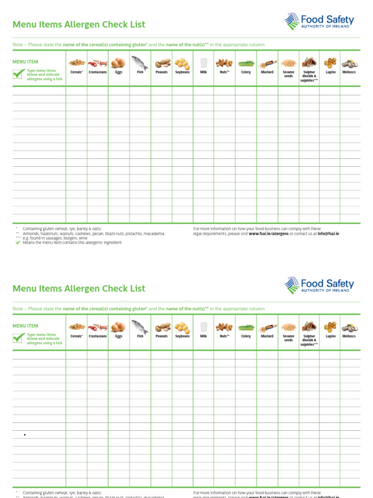 Allergen Checklist for Menu Items | PDF | Nut (Fruit) | Foods