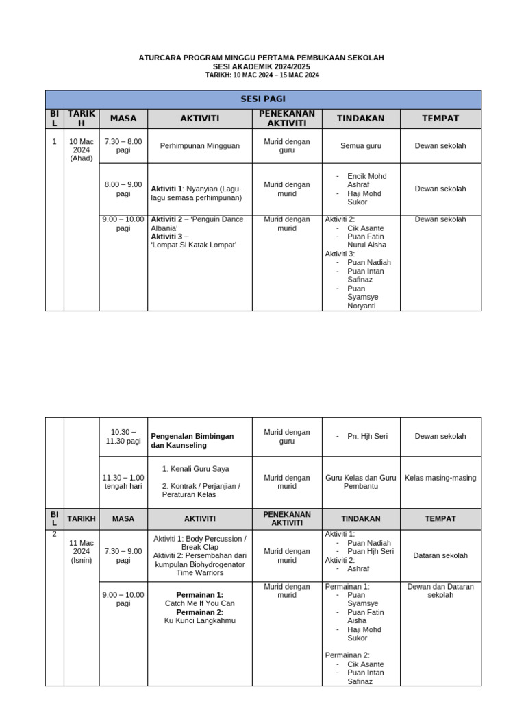 Aturcara Program Minggu Pertama Pembukaan Sekolah Sesi Pagi 2024 | PDF