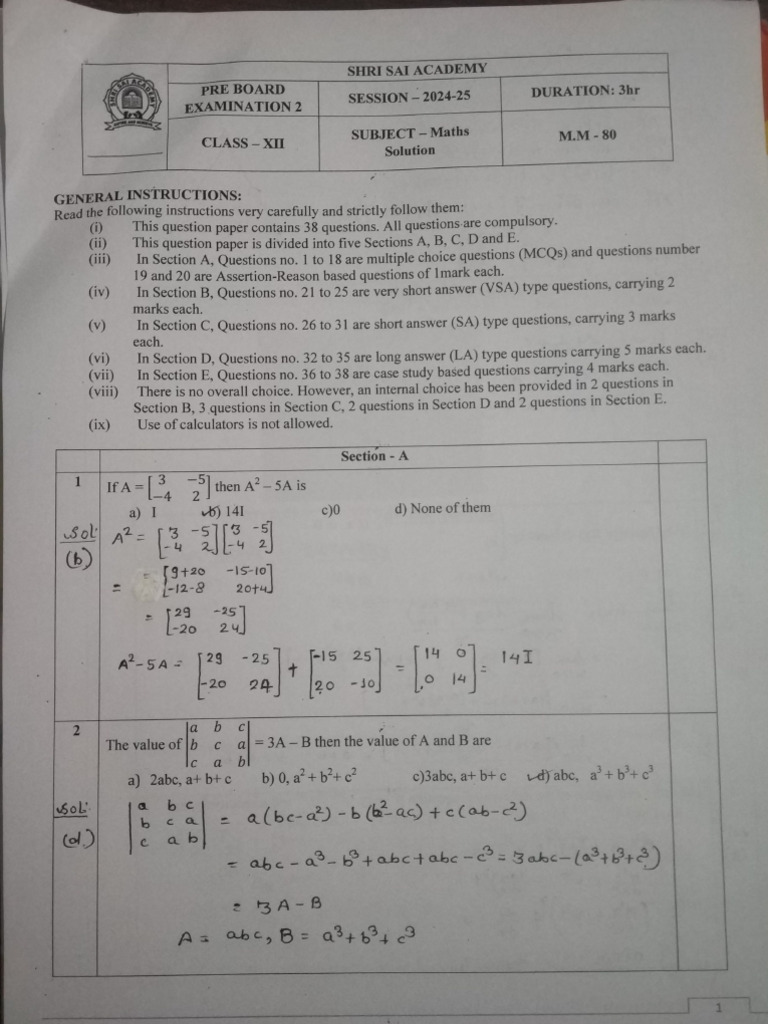 12 MATHS PRE BOARD 2 - MARKING SCHEME | PDF