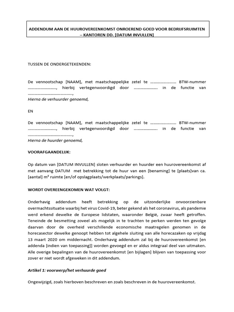 Template Addendum HUUROVEREENKOMST ONROEREND GOED Corona | PDF