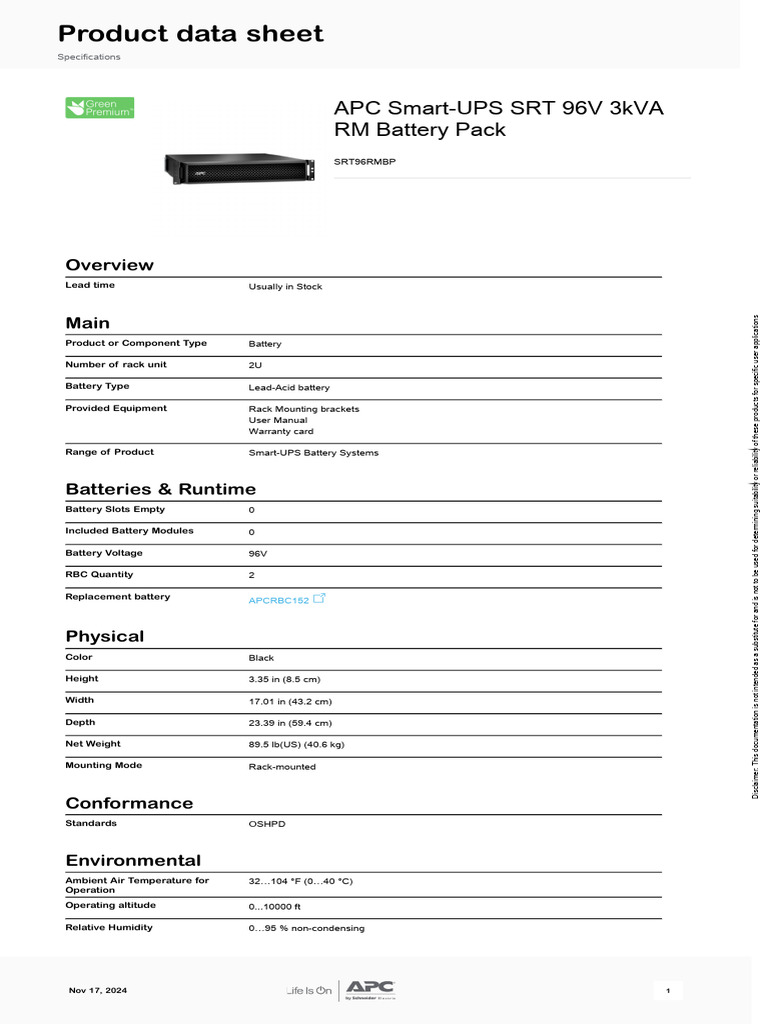 APC SmartUPS Battery Systems SRT96RMBP | PDF