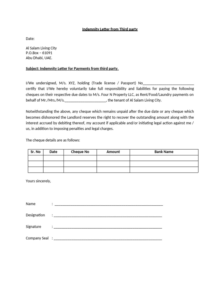 Indemnity Letter for Third-Party Payments | PDF