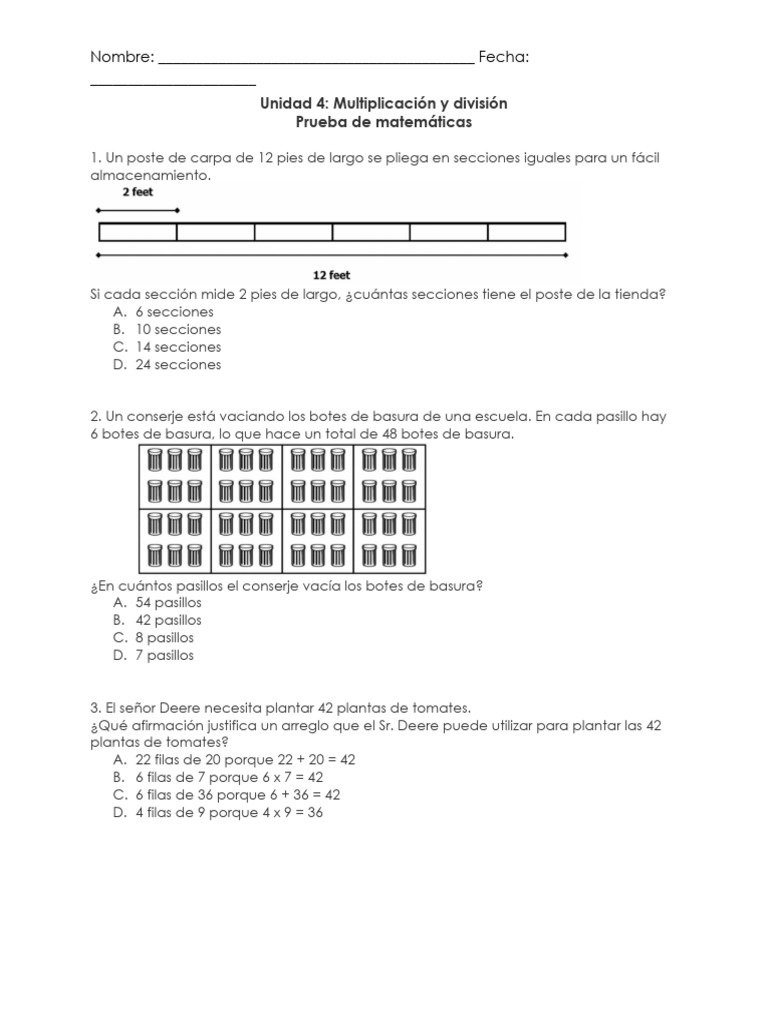 Spanish Unit 4 Multiplication Division Test | PDF | Multiplicación ...