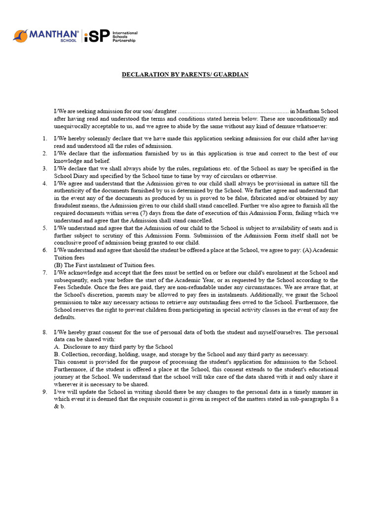 Declaration for Admission form - Manthan Final (1) | PDF | Legal ...