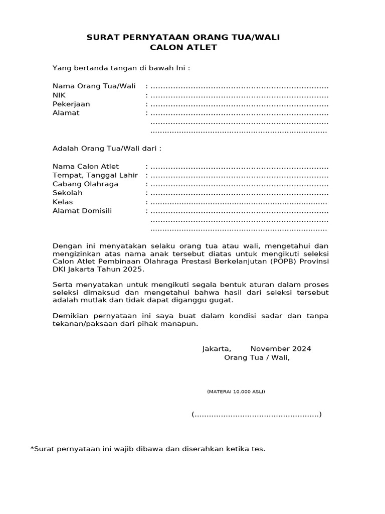 Surat Pernyataan Orang Tua Calon Atlet POPB 2025 (1) | PDF