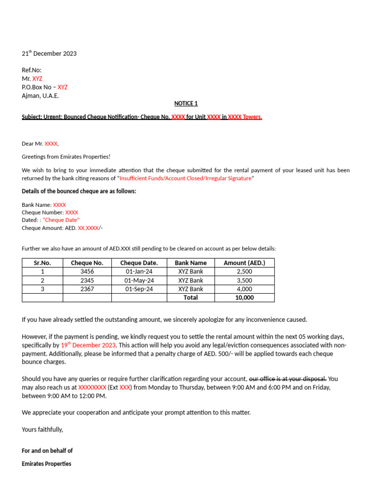 Bounce Cheque Notice - Templates | PDF | Cheque