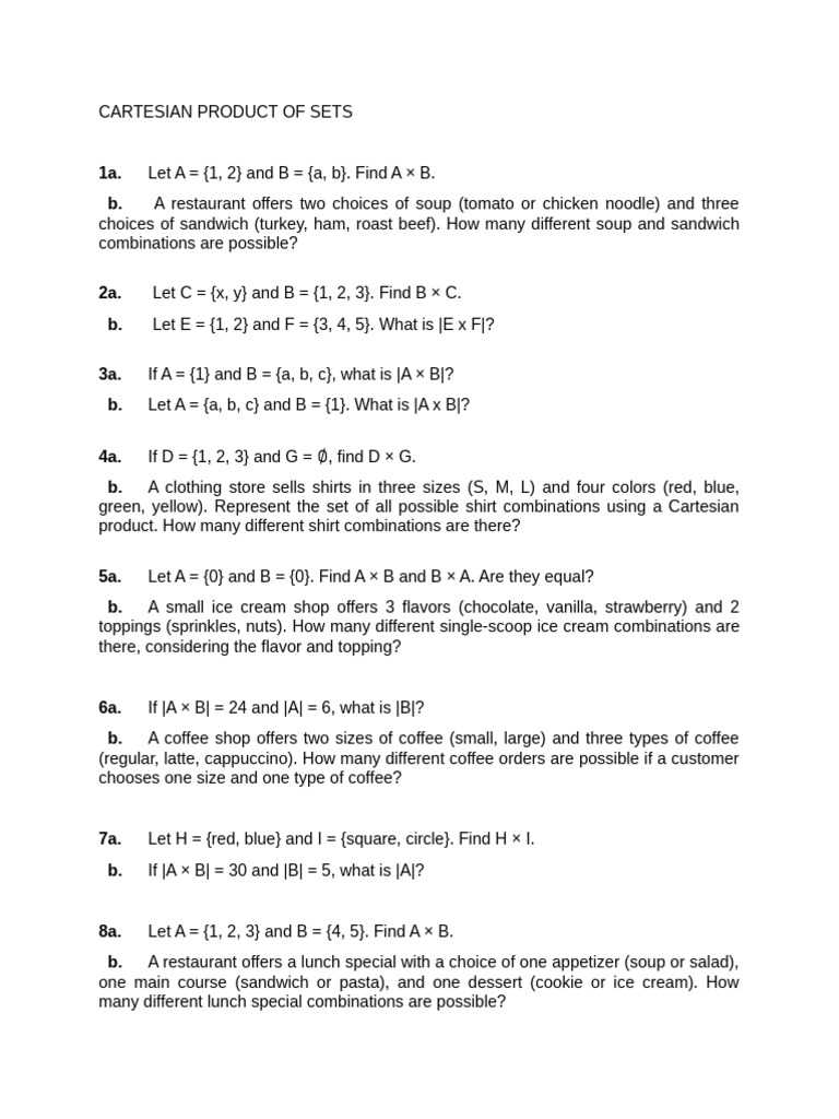 CARTESIAN PRODUCT OF SETS Exam | PDF | Pizza | Lunch