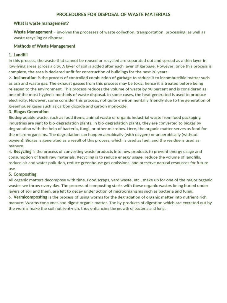 Tle 9 2nd Qtr Procedures for Disposal of Waste Materials | PDF | Waste ...
