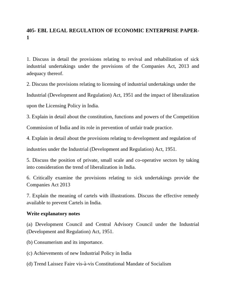 405-Ebl Legal Regulation of Economic Entreprise Paper-1 | PDF