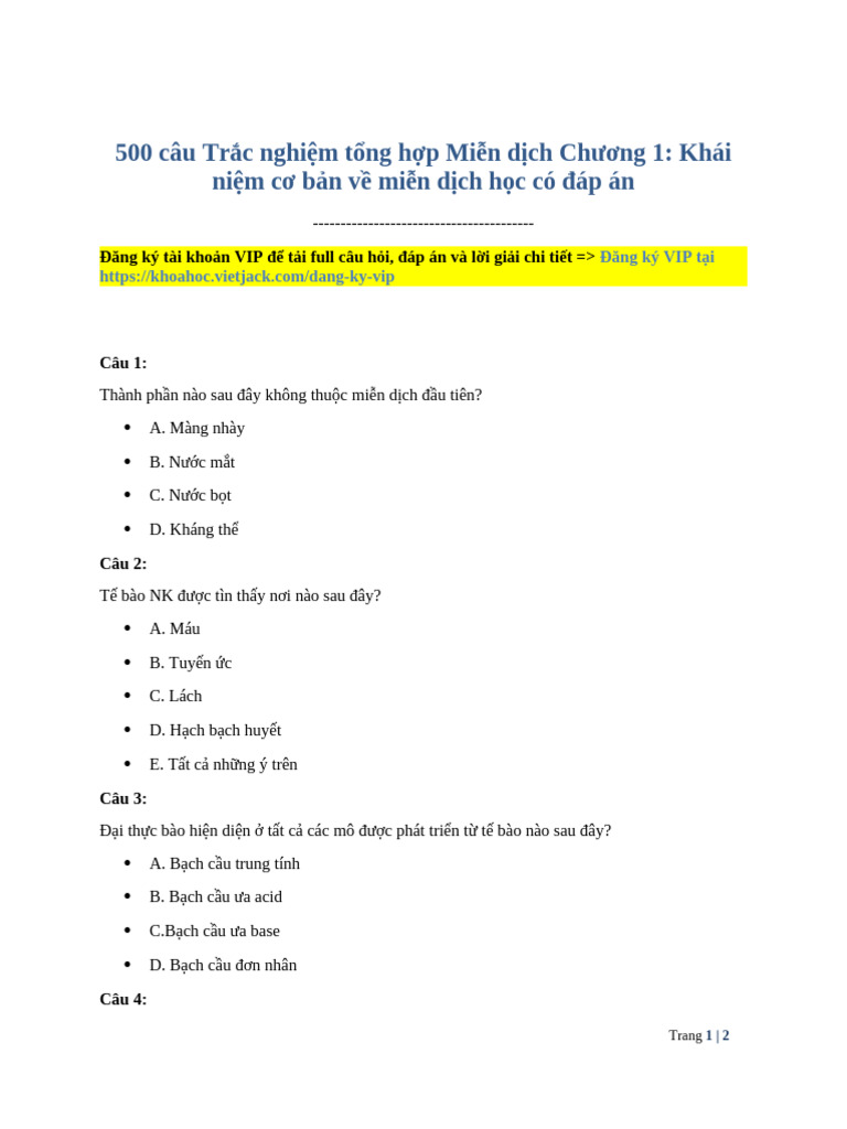 500 Cau Trac Nghiem Tong Hop Mien Dich Chuong 1 Khai Niem Co Ban Ve Mien Dich Hoc Co Dap An ...