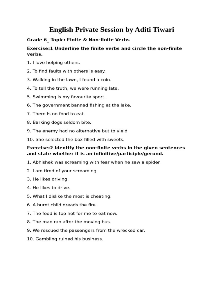 Finite and Non-Finite Verbs Worksheet | PDF