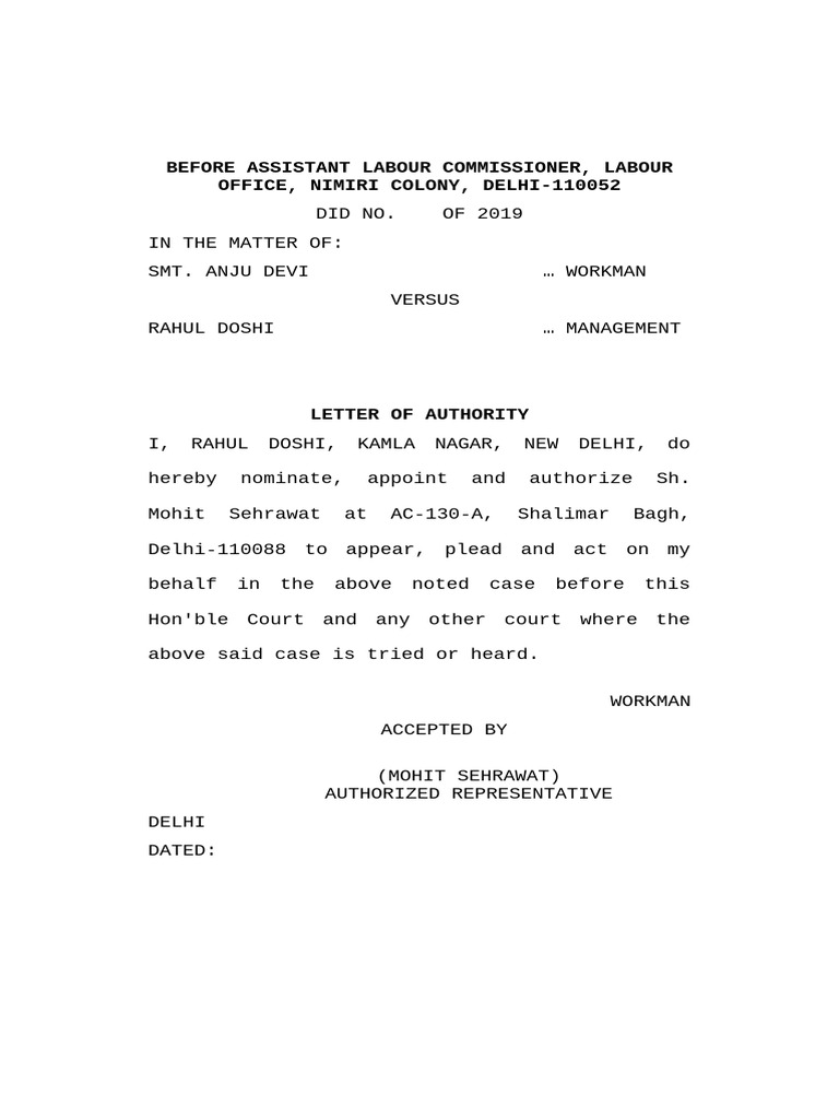 Letter of Authority for Labour Case | PDF