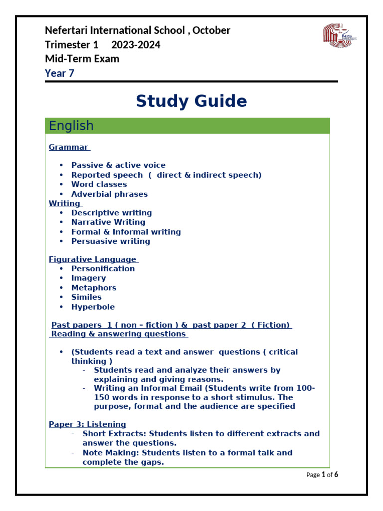 Study Guide Year 7 | PDF | Linguistics