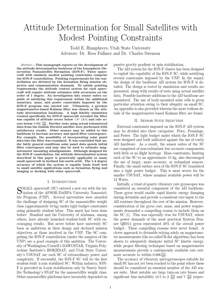 Attitude Determination For Small Satellites | PDF