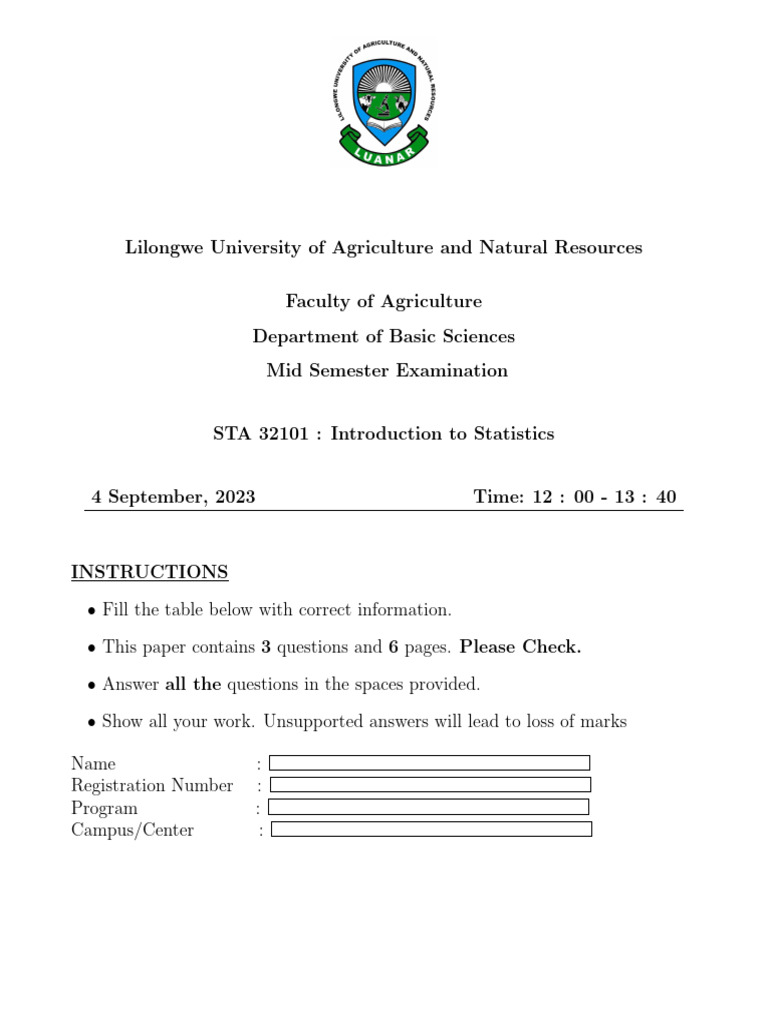 STA 32101 MID 2023C | PDF | Probability Theory | Statistical Analysis