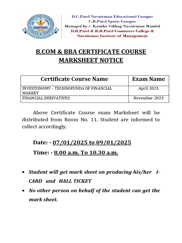 Certificate Course Markshee Notice | PDF