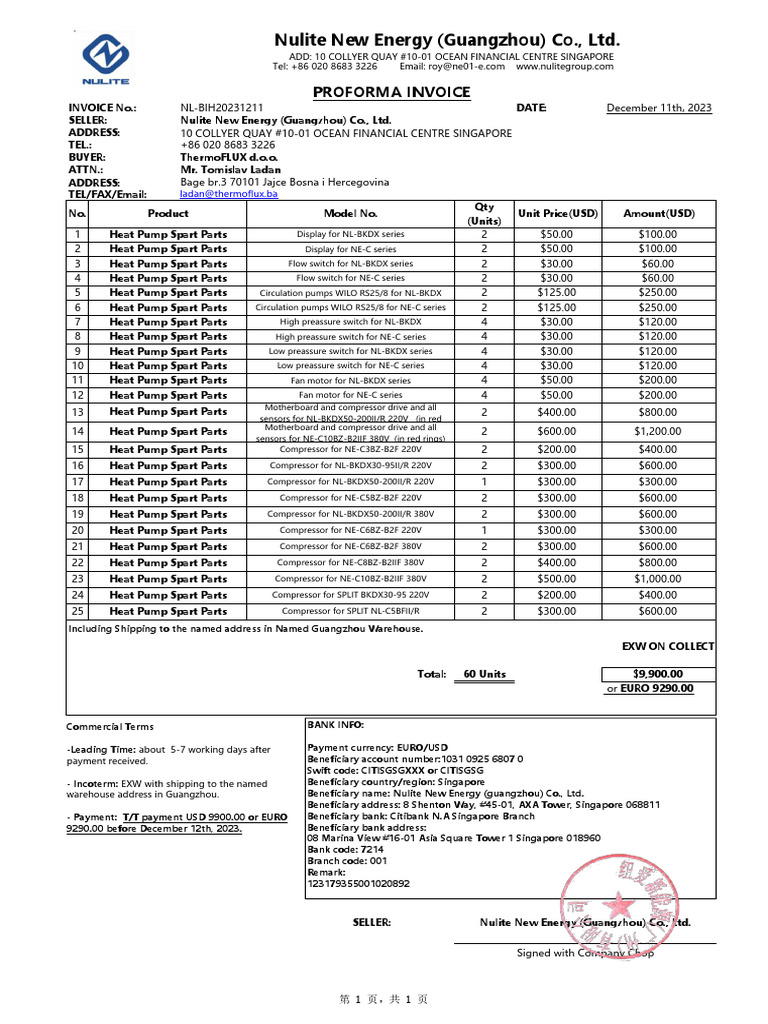BIH Thermoflux NuLite NEW ENERGY Heat Pump Proforma Invoice 2023.12.11 | PDF | Mechanical ...
