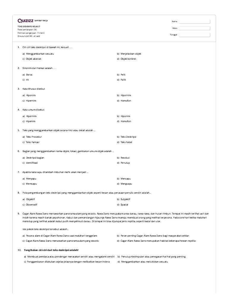 TEKS DESKRIPSI KELAS 7 - Quizizz | PDF