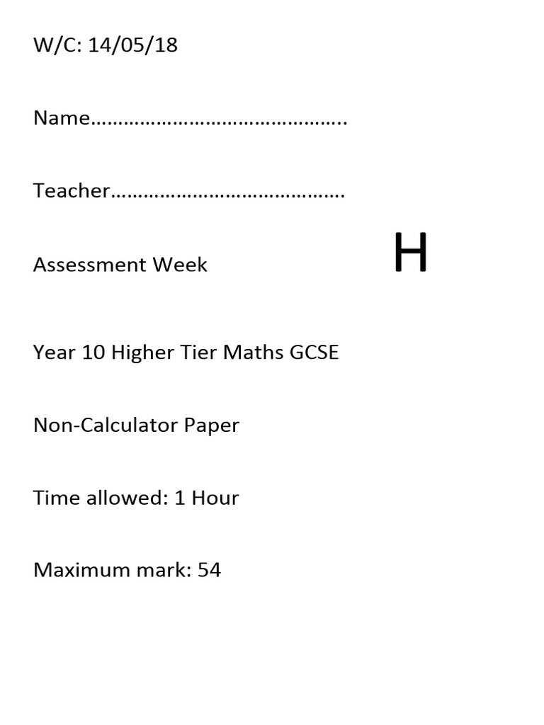 Year 10 Higher Maths Non-Calculator Test | PDF