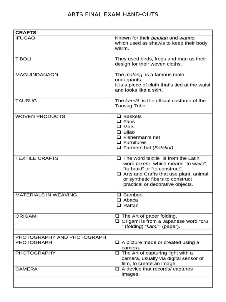 ARTS-FINAL-EXAM-HAND-OUTS | PDF | Dances | Textiles