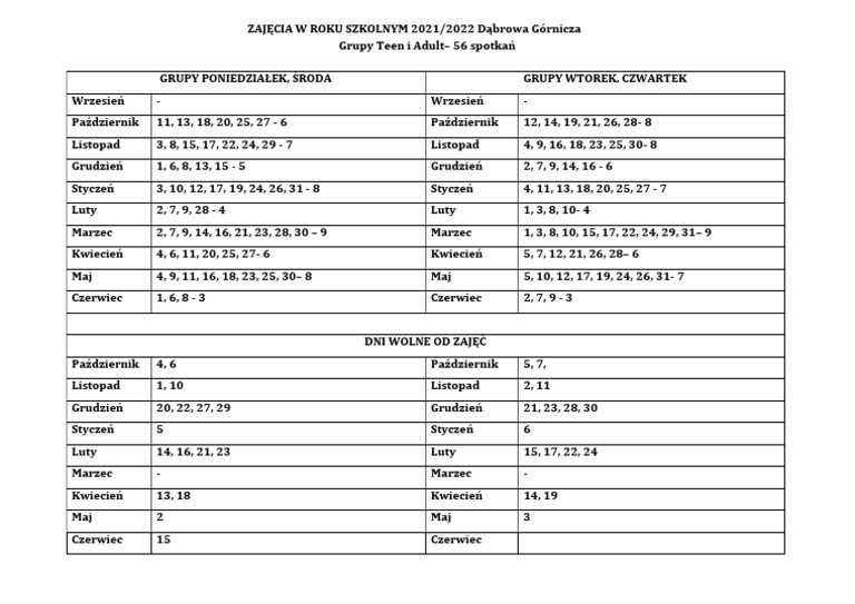 Harmonogram Kursu DG TEEN I ADULT | PDF