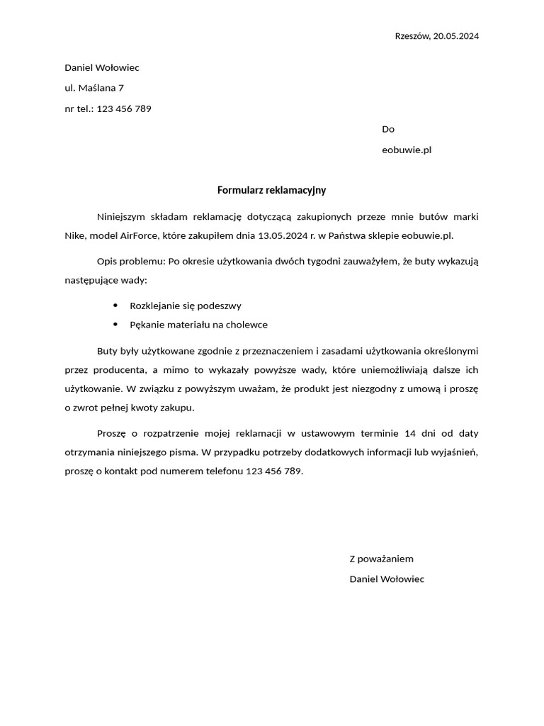 Formularz Reklamacyjny | PDF
