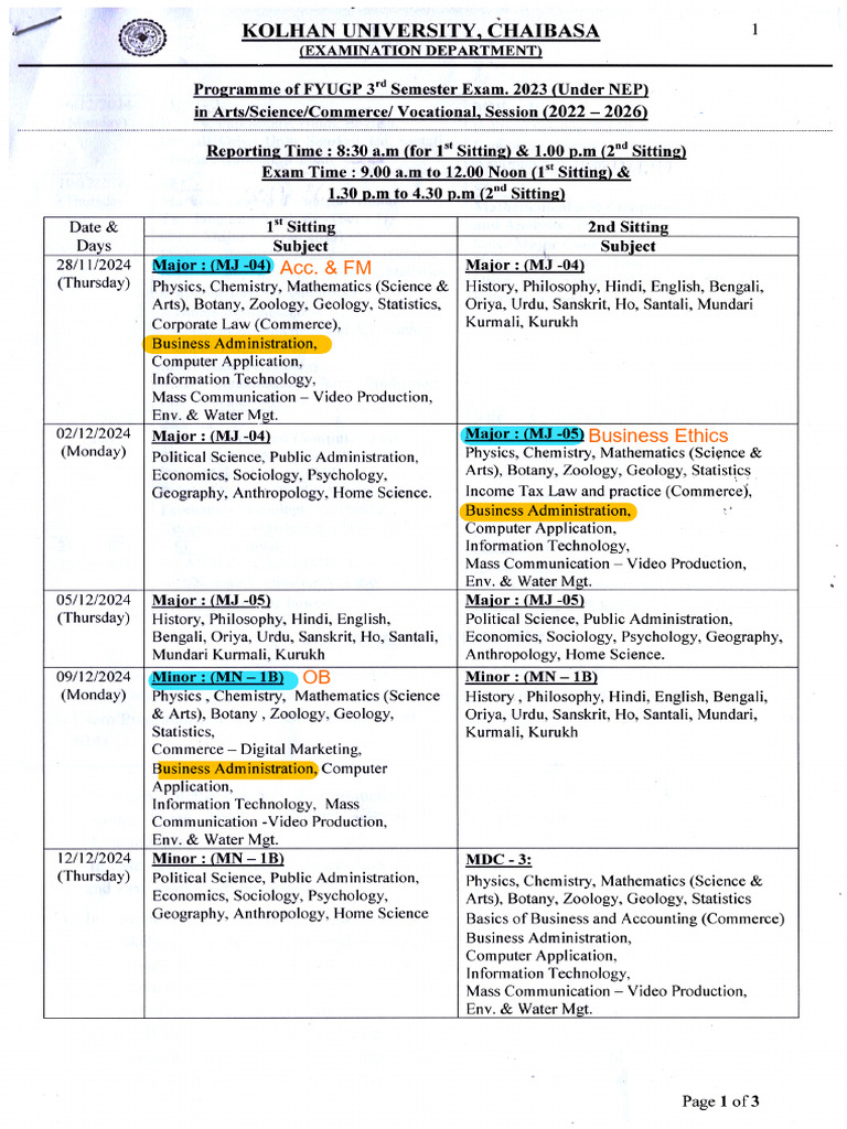 Programme of FYUGP 3rd Semester Exam 2023 (Under NEP) | PDF