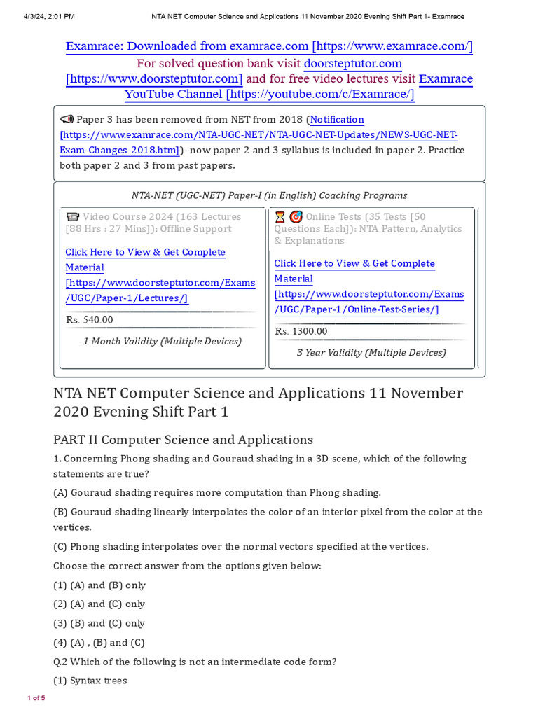 NTA NET Computer Science and Applications 11 November 2020 Evening ...