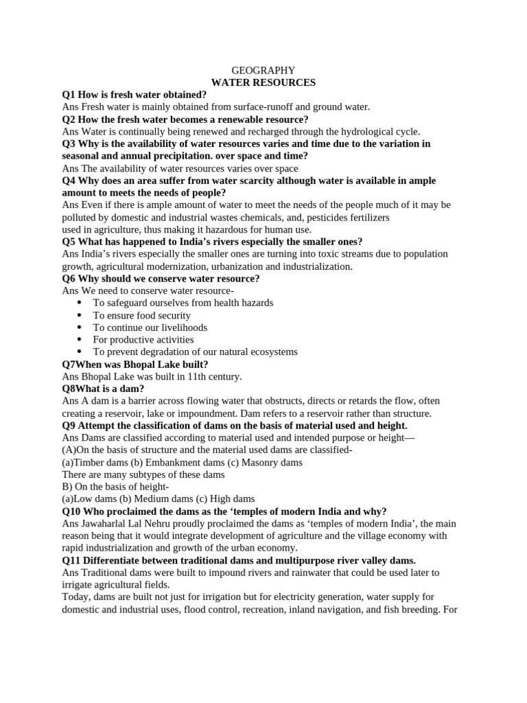 Clas 10 Geo Water Resources Q &A | PDF | Dam | Flood