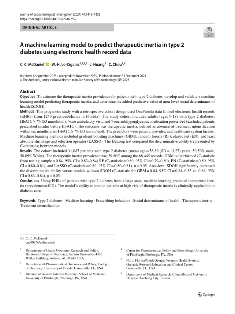 A Machine Learning Model To Predict Therapeutic Inertia in Type 2 ...
