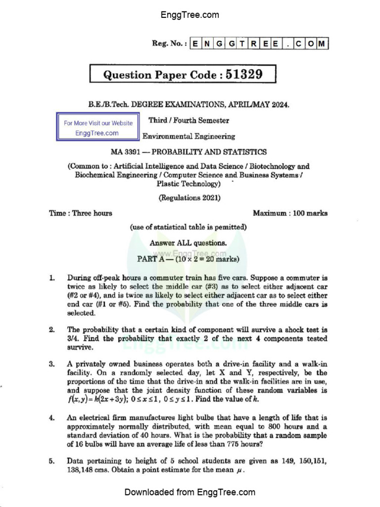 MA3391 Probability and Statistics Apr May 2024 Question Paper Download ...