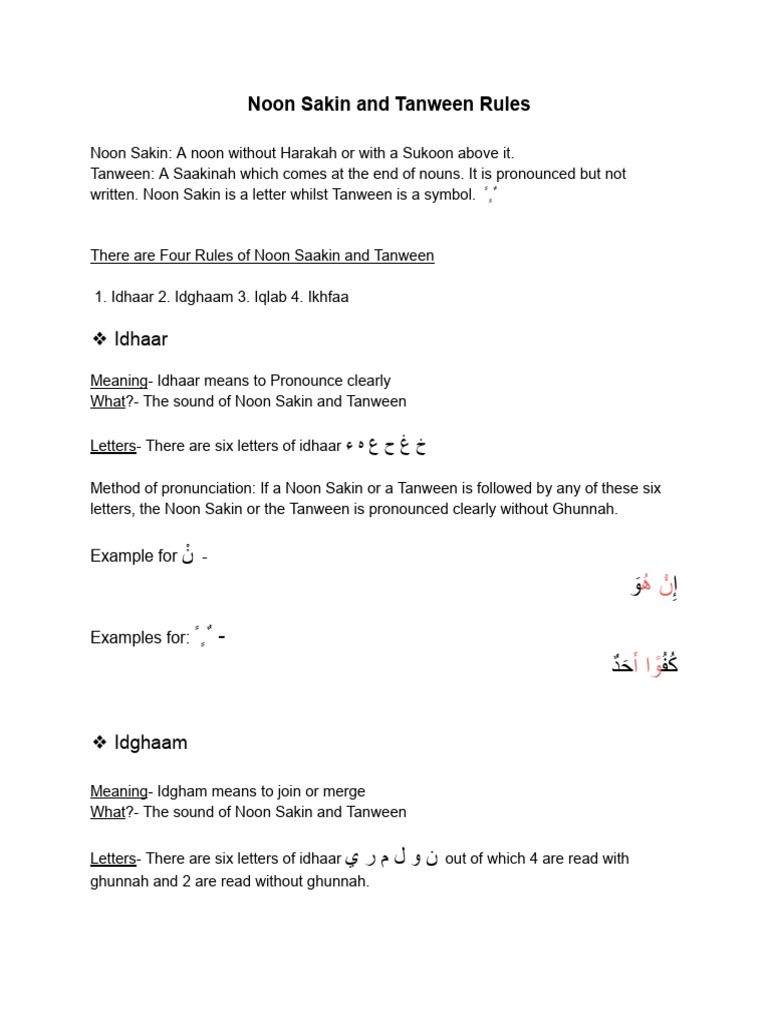 The Rules of Noon Sakin and Tanween | PDF | Languages | Foreign ...