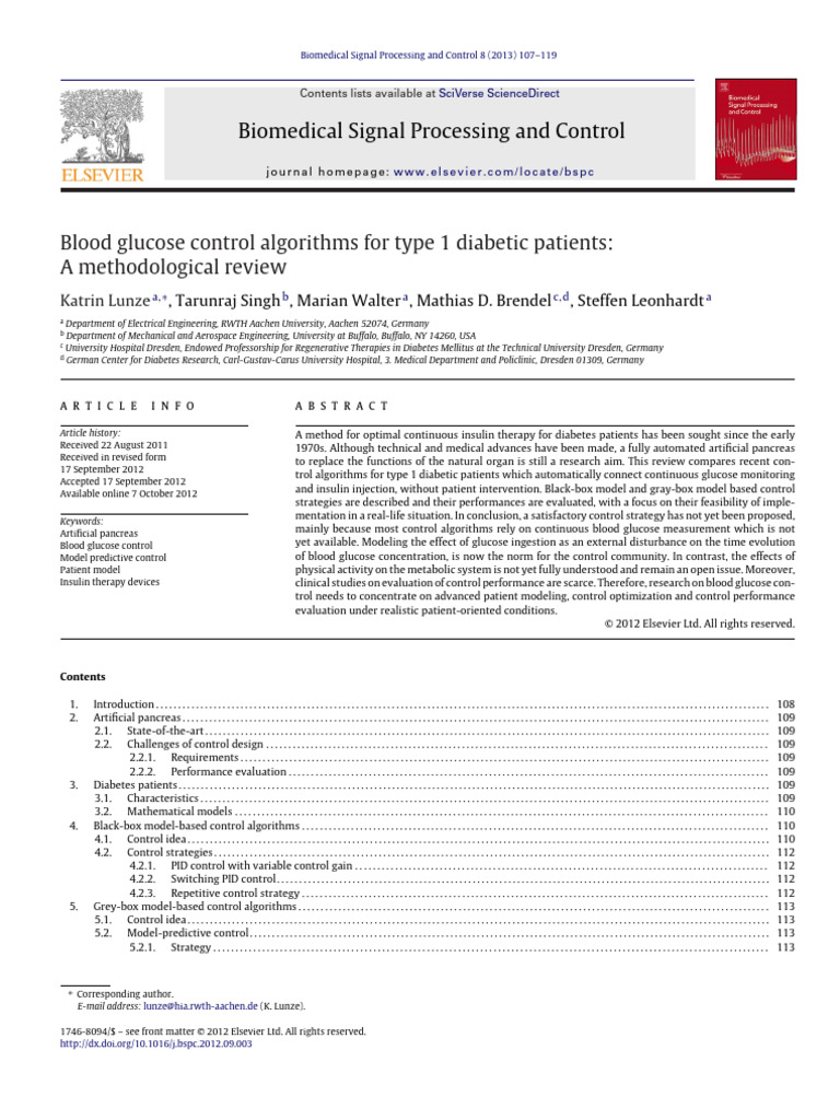 Blood Glucose Control Algorithms For Type 1 Diabetic Patients A ...