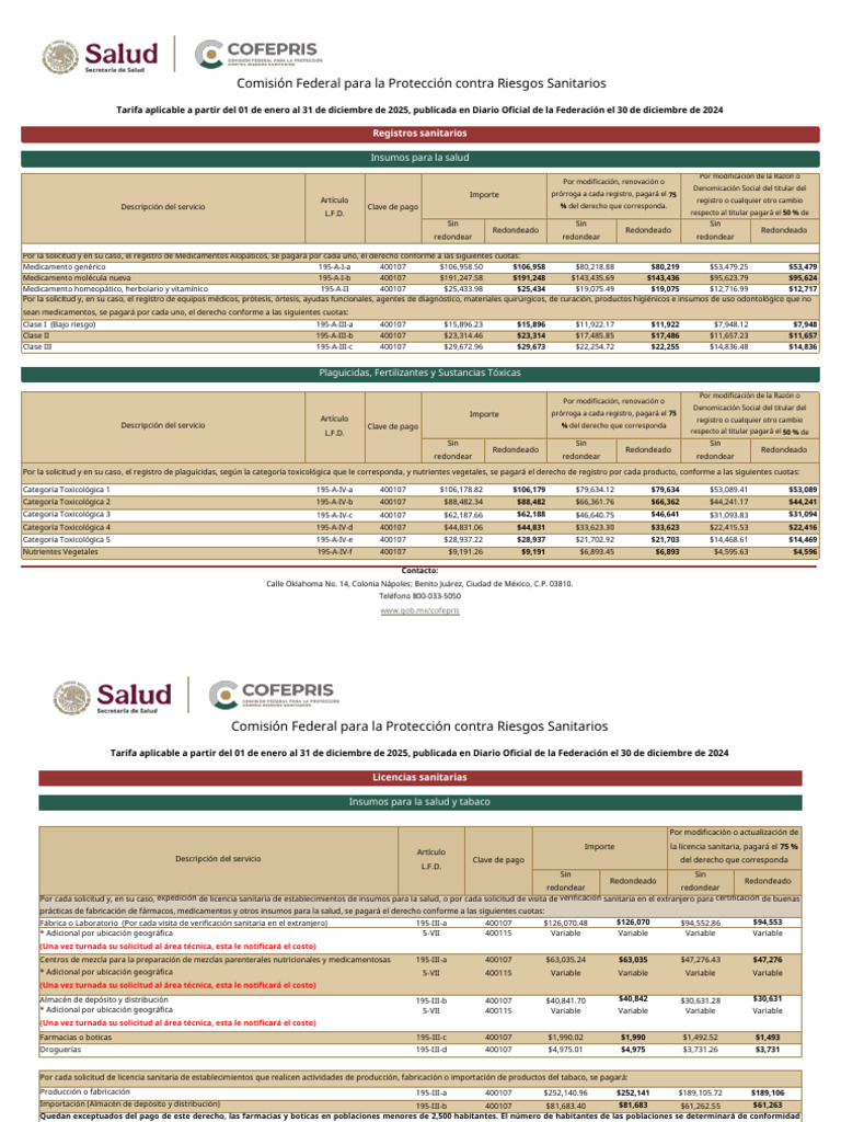 Tarifas de Pago COFEPRIS 2025 | PDF | Suplementos dietéticos | Cuidado de la salud