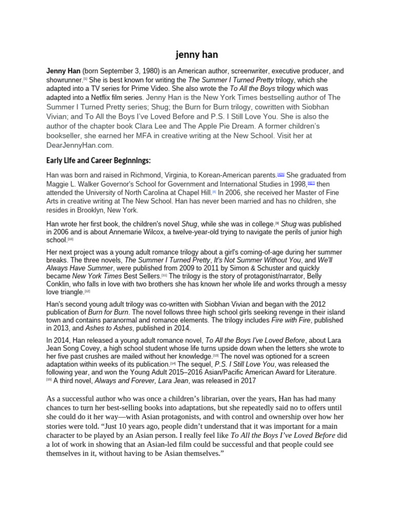 Jenny Han: Author and Producer Bio | PDF