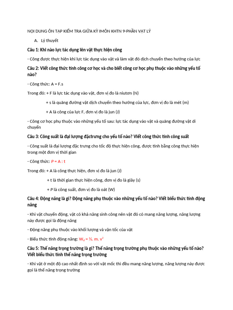 ĐỀ CƯƠNG LÍ GK1 | PDF