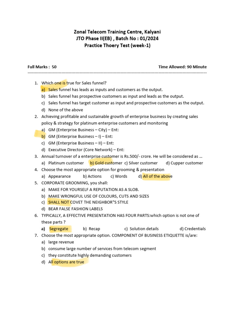 JTO Phase II Question Paper (Week-1) | PDF | Sales | Marketing