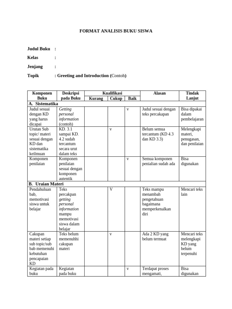 Format Analisis Buku Siswa Dan Analisis Kebutuhan Bahan Ajar | PDF