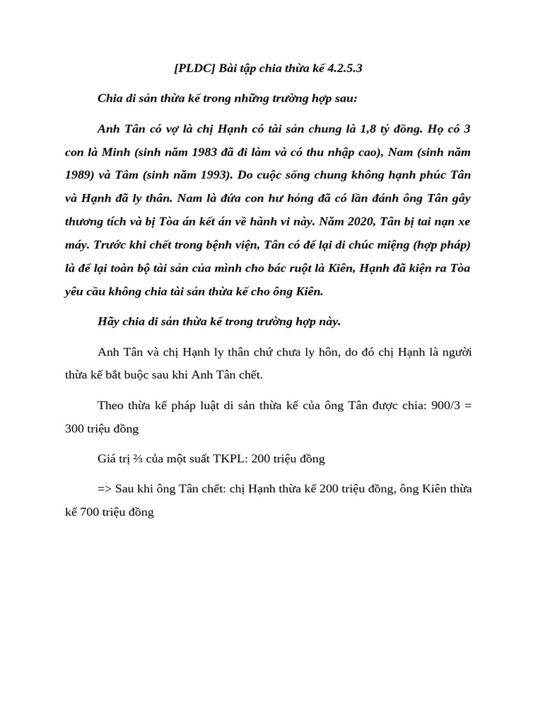 [PLDC] Bài tập chia thừa kế 4.2.5.3 - Nguyễn Hoài Nhật Linh - 50.01.701.054 | PDF