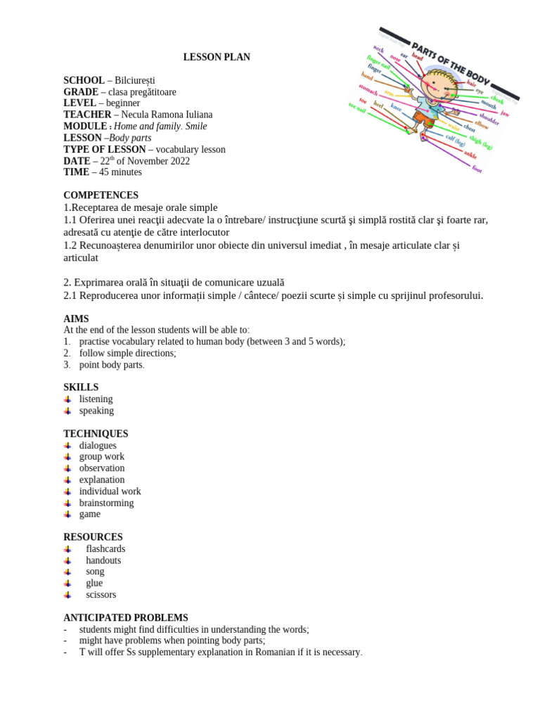 Lesson Plan CP Body Parts | PDF | Learning Methods | Teaching