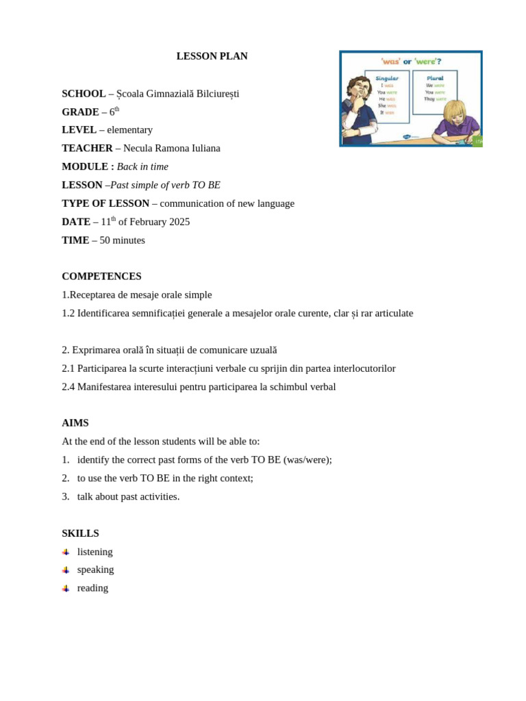 LESSON PLAN Past Simple of The Verb To Be | PDF | Human Communication