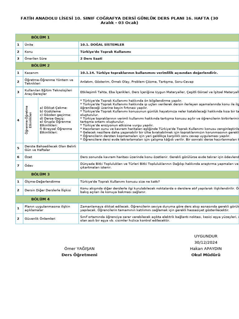 10 Sinif Cografya 16 Hafta Gunluk Plani 1735829882 | PDF